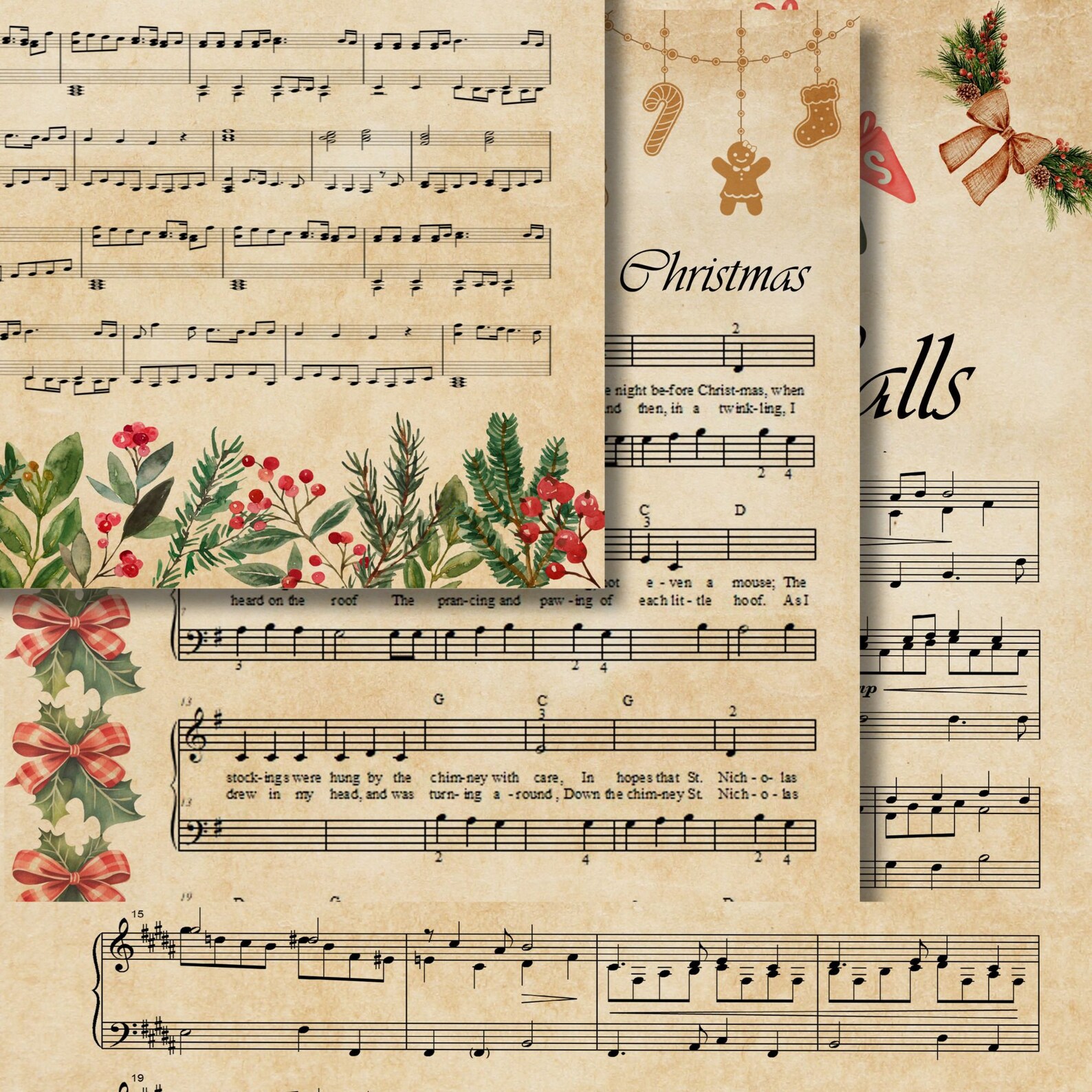 Vintage Christmas Sheet Music Digital Paper Pack 8.5"x11", Festive ...