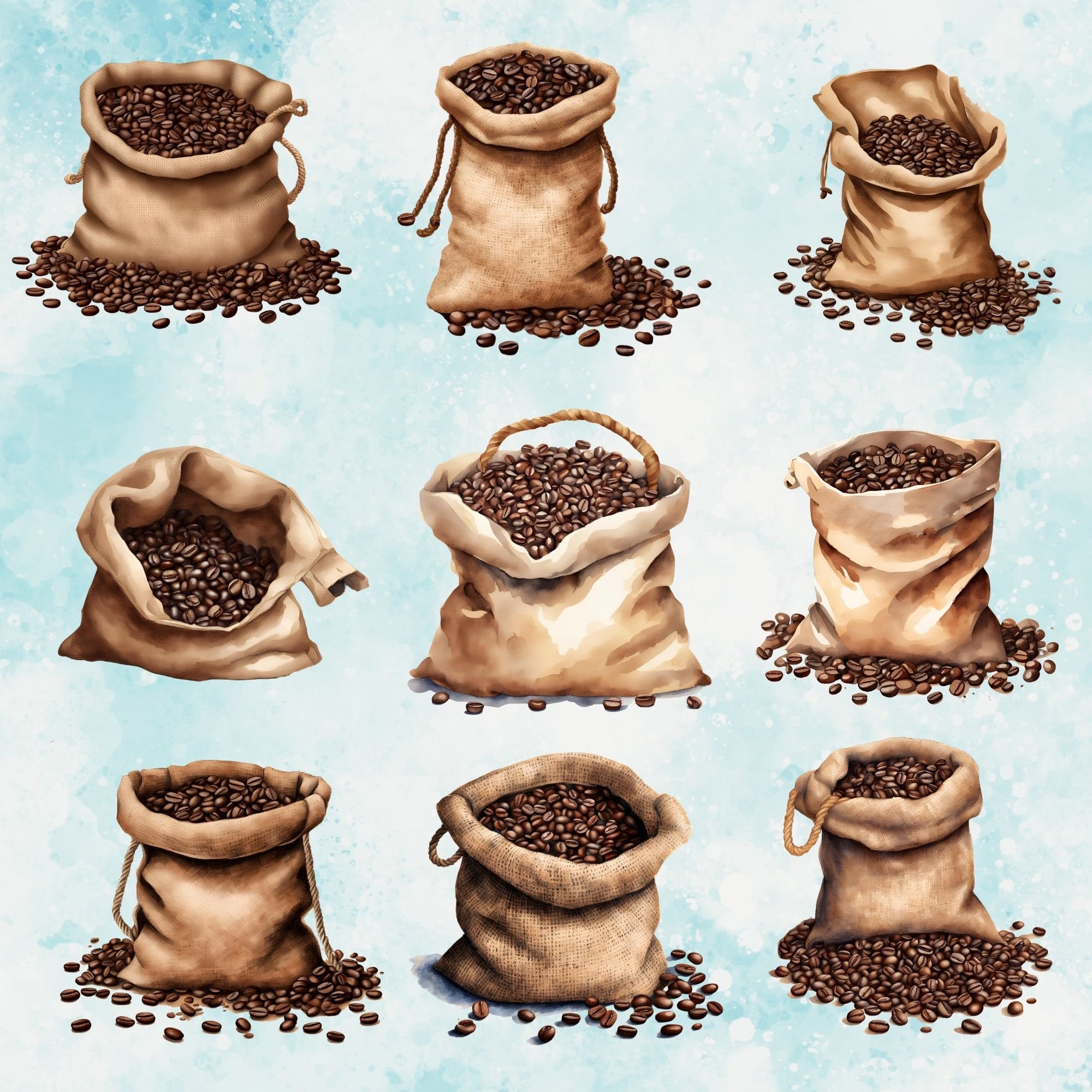 Bag of Coffee Beans Clip Art Bundle, Printable Watercolor Bean Bag ...