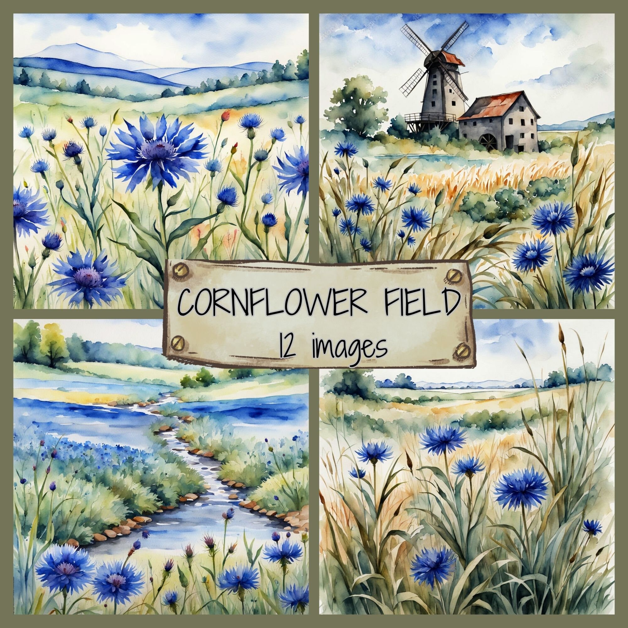 Watercolor Cornflower Meadow Clip Art JPG, Cornflower Field Landscape ...