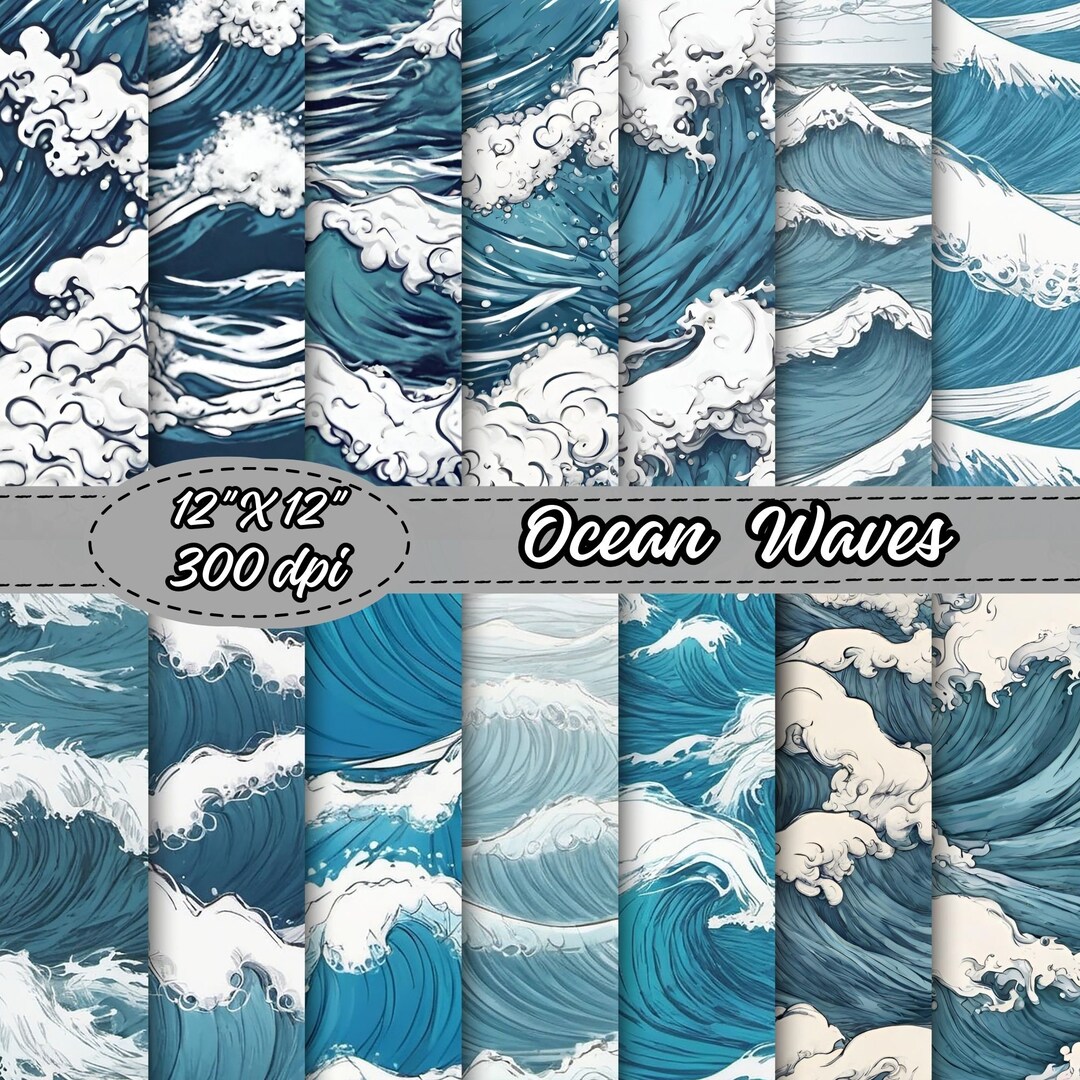 Ocean Wave Digital Paper Pack, Sea Waves Pattern Backgrounds, Beach ...