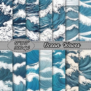 Ocean Wave Digital Paper Pack, Sea Waves Pattern Backgrounds, Beach ...