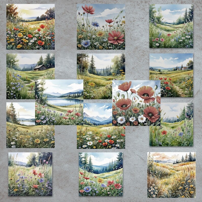 Watercolor Wildflower Meadow Digital Paper Pack, Flower Field Digital ...