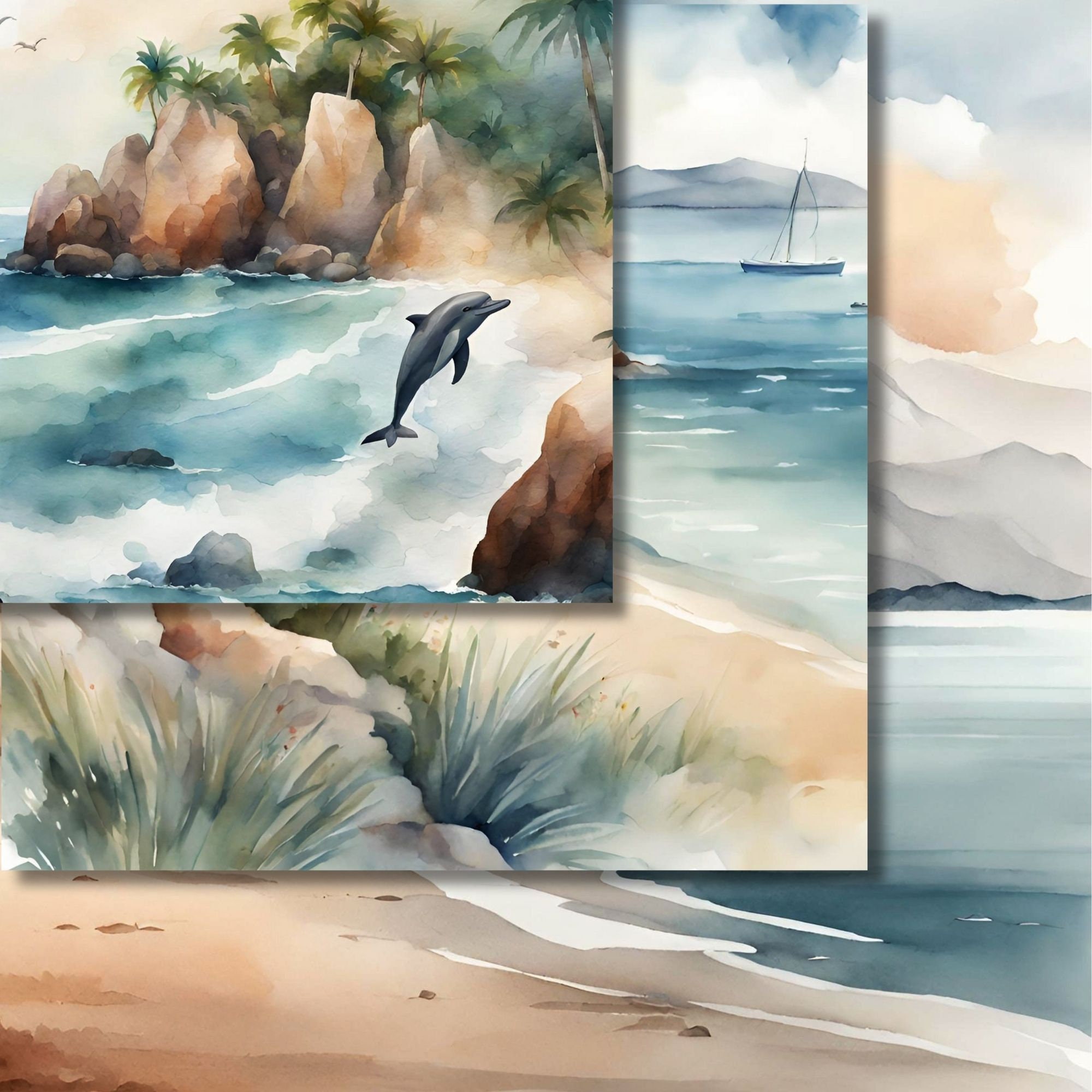 Watercolor Calm Seashore Digital Paper Pack, Summer Beach Digital ...