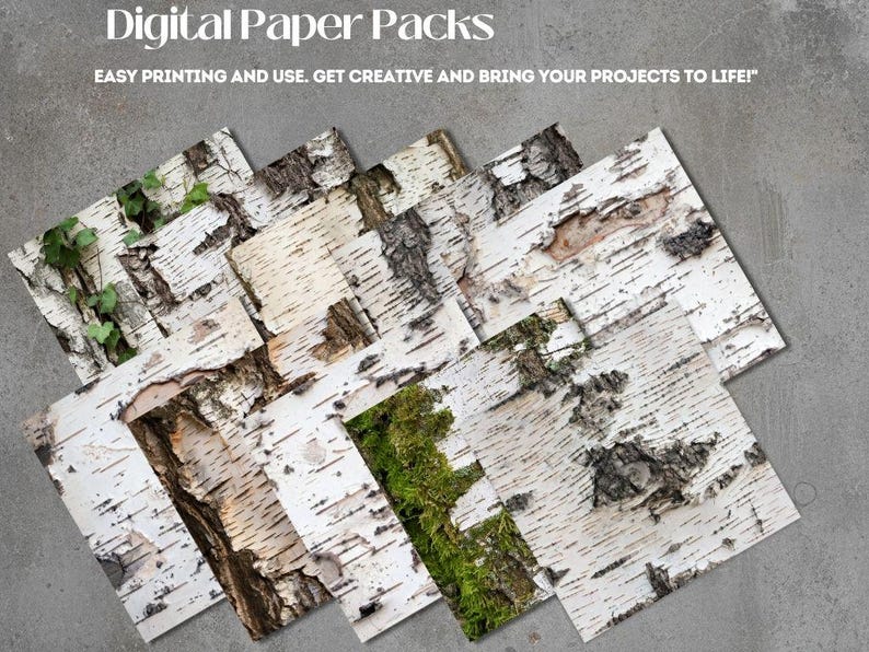 Birch Bark Seamless Pattern Digital Paper Pack, Realistic Birch Tree ...