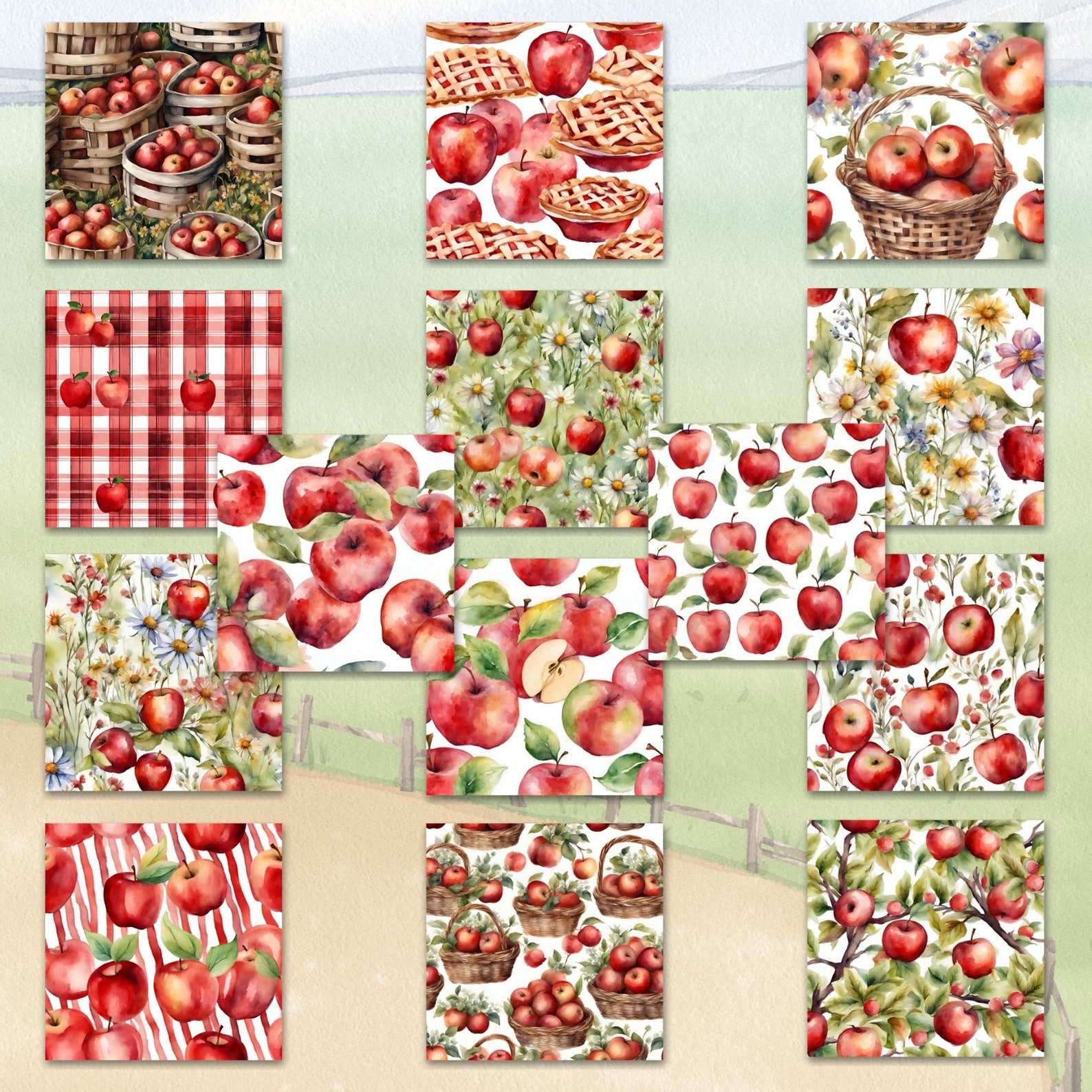 Watercolor Red Apples Pattern Digital Papers, Summer Themed Digital ...