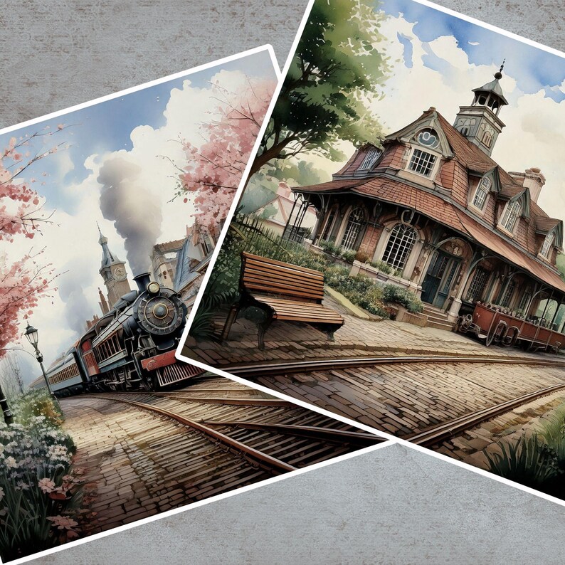 Watercolor Vintage Train Station Clipart Bundle, JPG Train Station ...