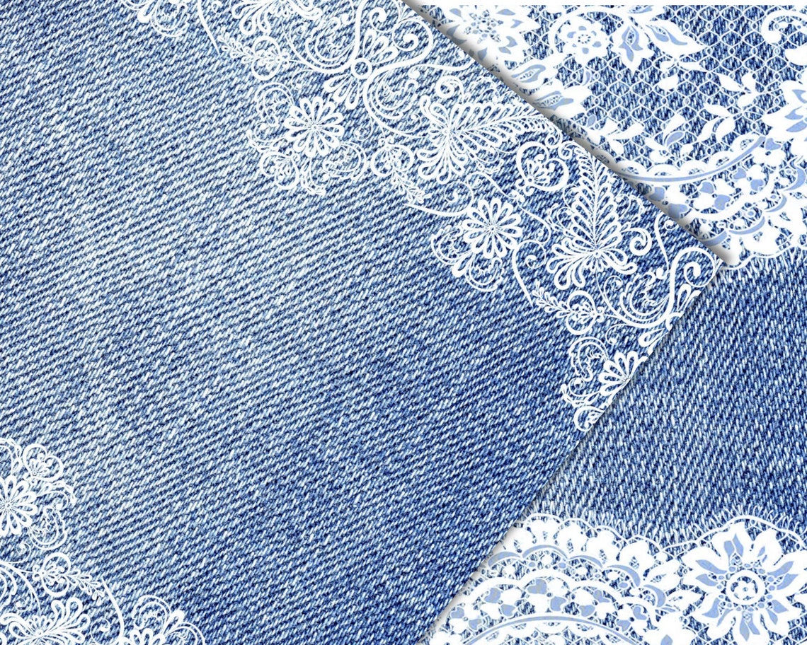 Denim & Lace Textured Digital Papers, Washed Denim Digital Background, Jeans Textures Scrapbook ...