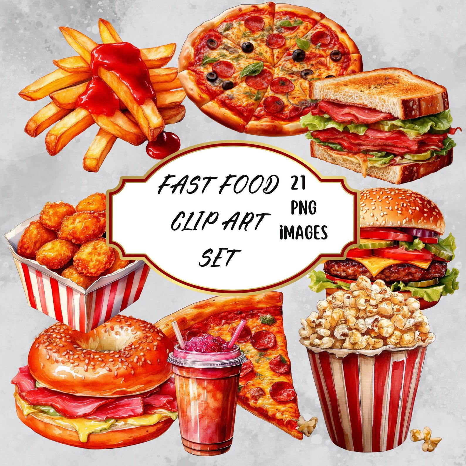 Watercolor Fast Food Clip Art Bundle, Junk Food Graphics, Digital ...