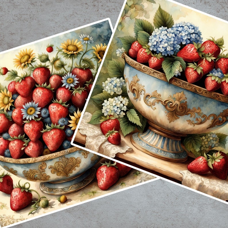 Vintage Bowl of Strawberries Clip Art Bundle, High Quality Watercolor ...