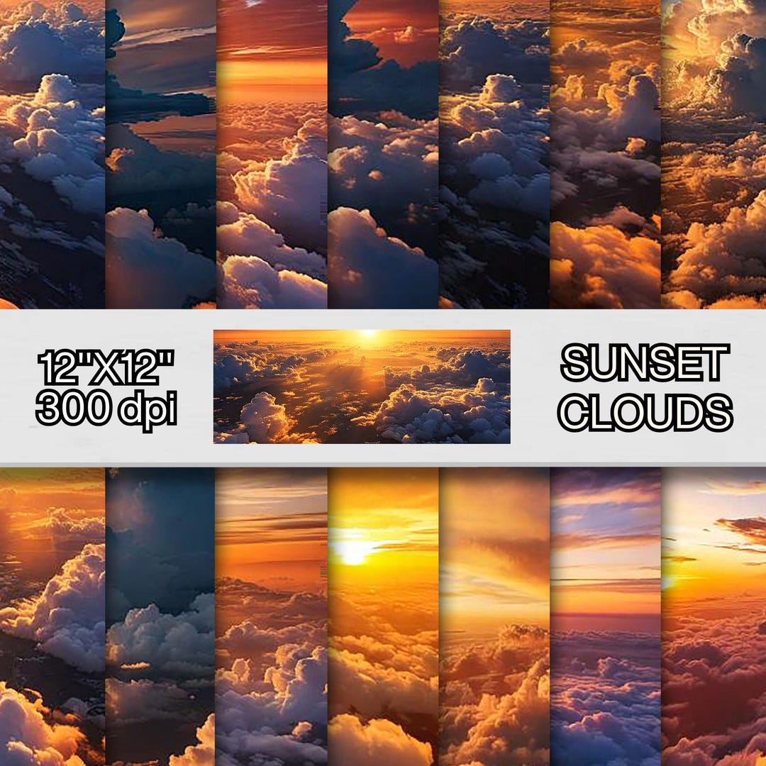 Sunset Clouds Digital Paper Pack, Vibrant Sky Backgrounds, Sunset ...