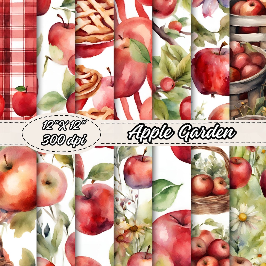 Watercolor Red Apples Pattern Digital Papers, Summer Themed Digital ...