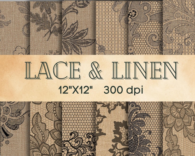 Linen and Black Lace Digital Paper Pack - Linen Digital Background ...