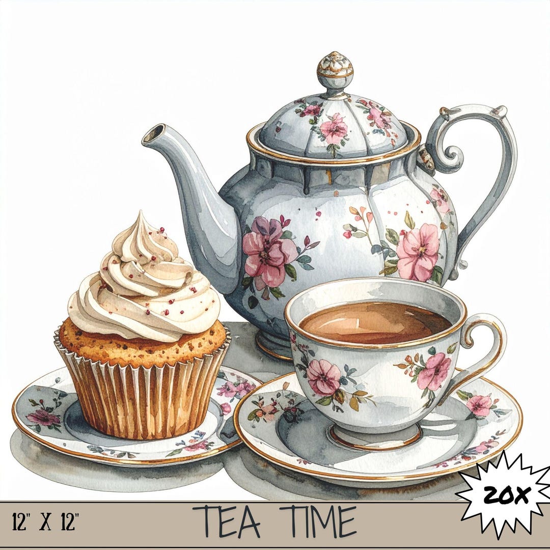 Tea Time Clip Art Set | Watercolor Vintage Tea Party Jpgs | Teapot, Cup ...