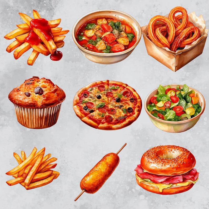 Watercolor Fast Food Clip Art Bundle, Junk Food Graphics, Digital ...