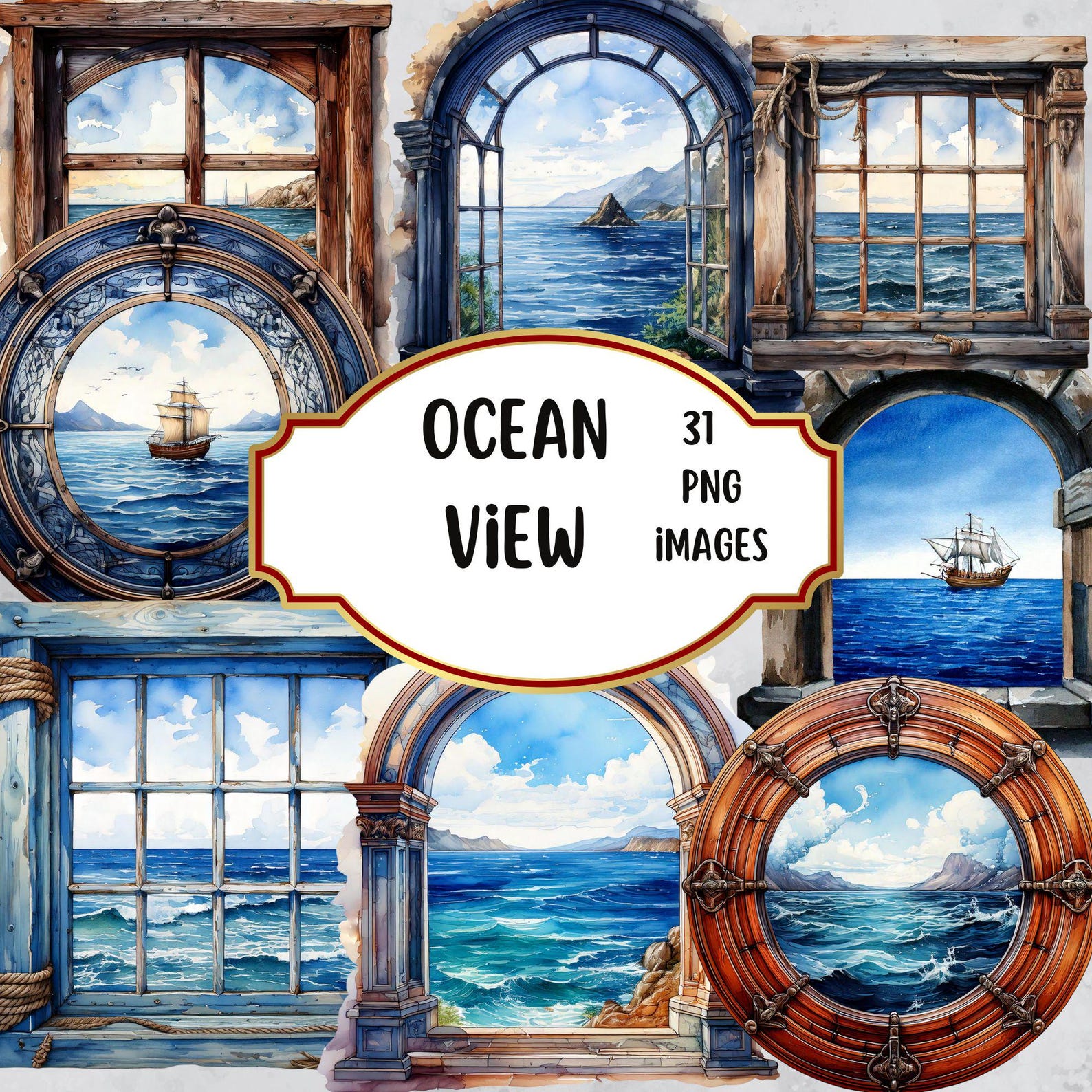 Sea View Window PNG Clip Art Set | Watercolor Ocean View Graphics ...