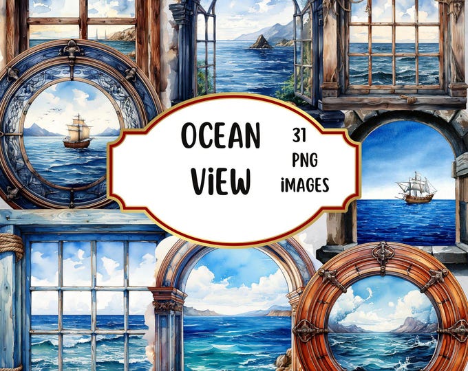 Sea View Window PNG Clip Art Set | Watercolor Ocean View Graphics ...