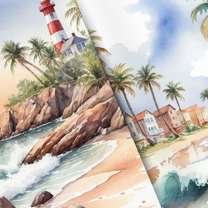 Watercolor Calm Seaside Digital Paper Pack, Summer Beach Digital ...