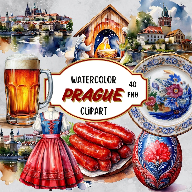 Watercolor Prague Clip Art Bundle | Vintage Cityscape Illustrations ...