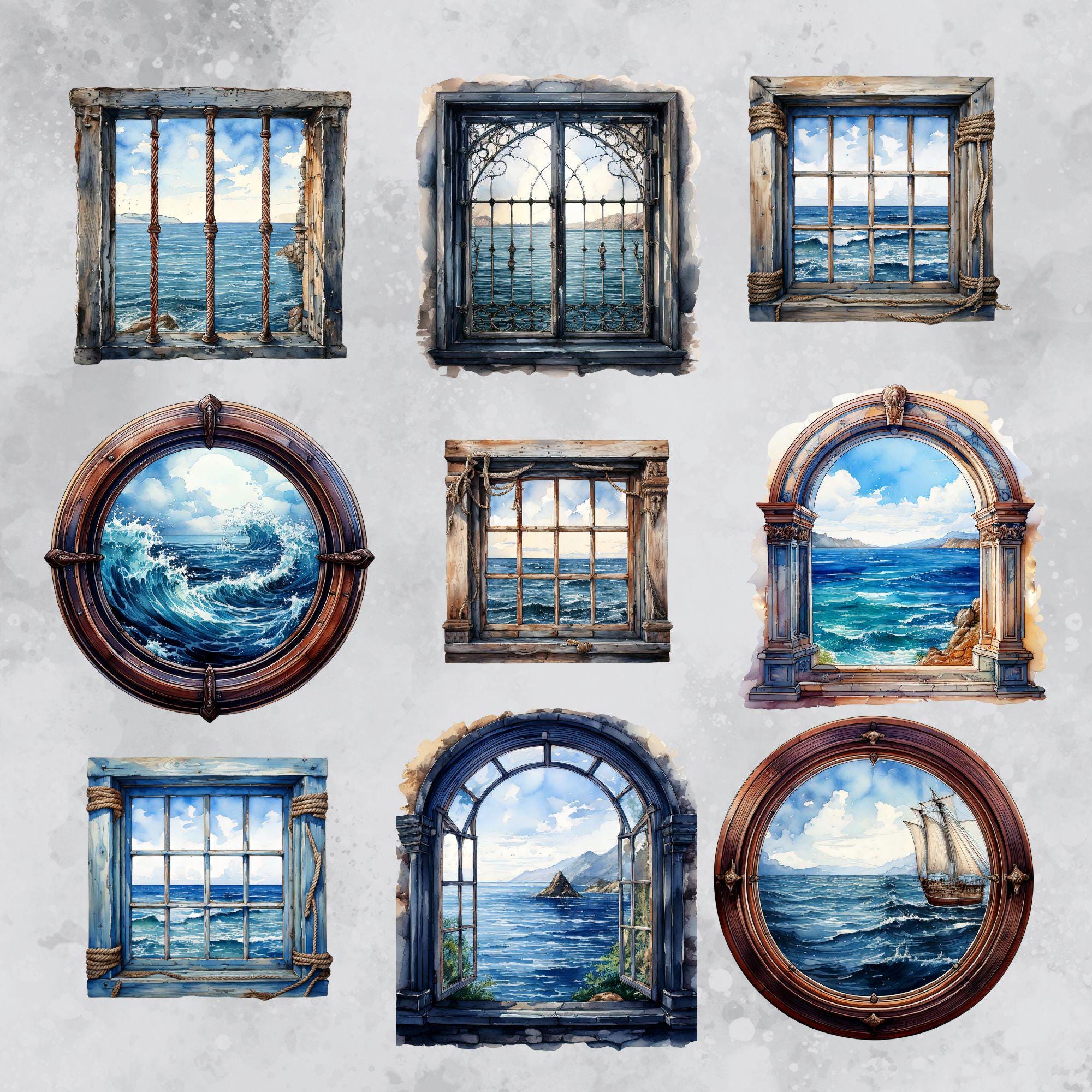 Sea View Window PNG Clip Art Set | Watercolor Ocean View Graphics ...