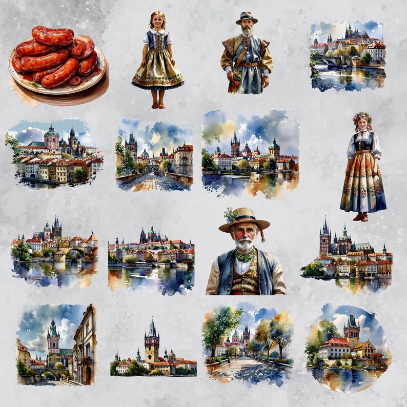 Watercolor Prague Clip Art Bundle | Vintage Cityscape Illustrations ...
