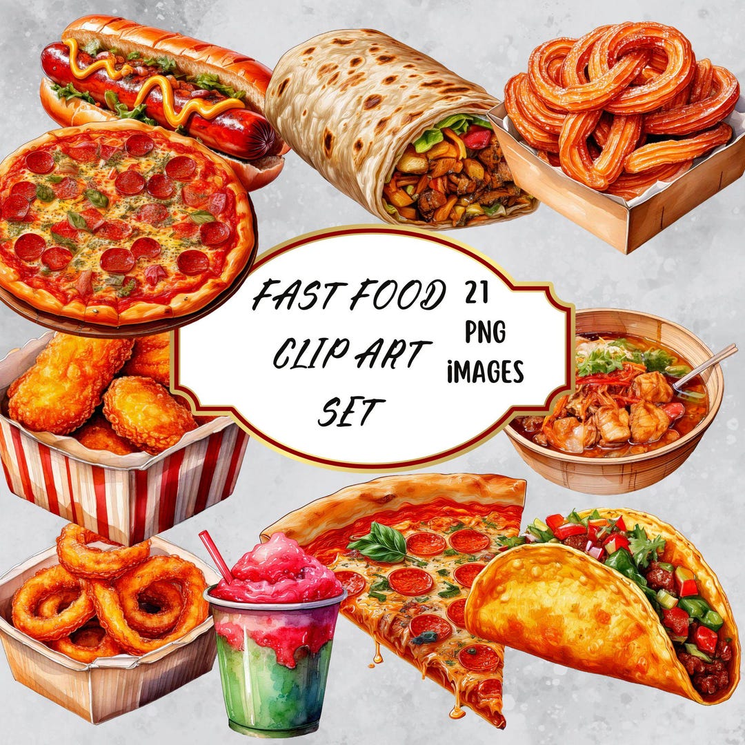 Watercolor Junk Food PNG Clip Art Set, Fast Food Graphics, Foodie ...