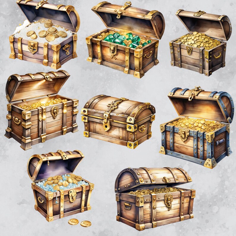 Pirate Treasure Chest Clipart Set | Watercolor Gold & Gems PNG | Pirate ...
