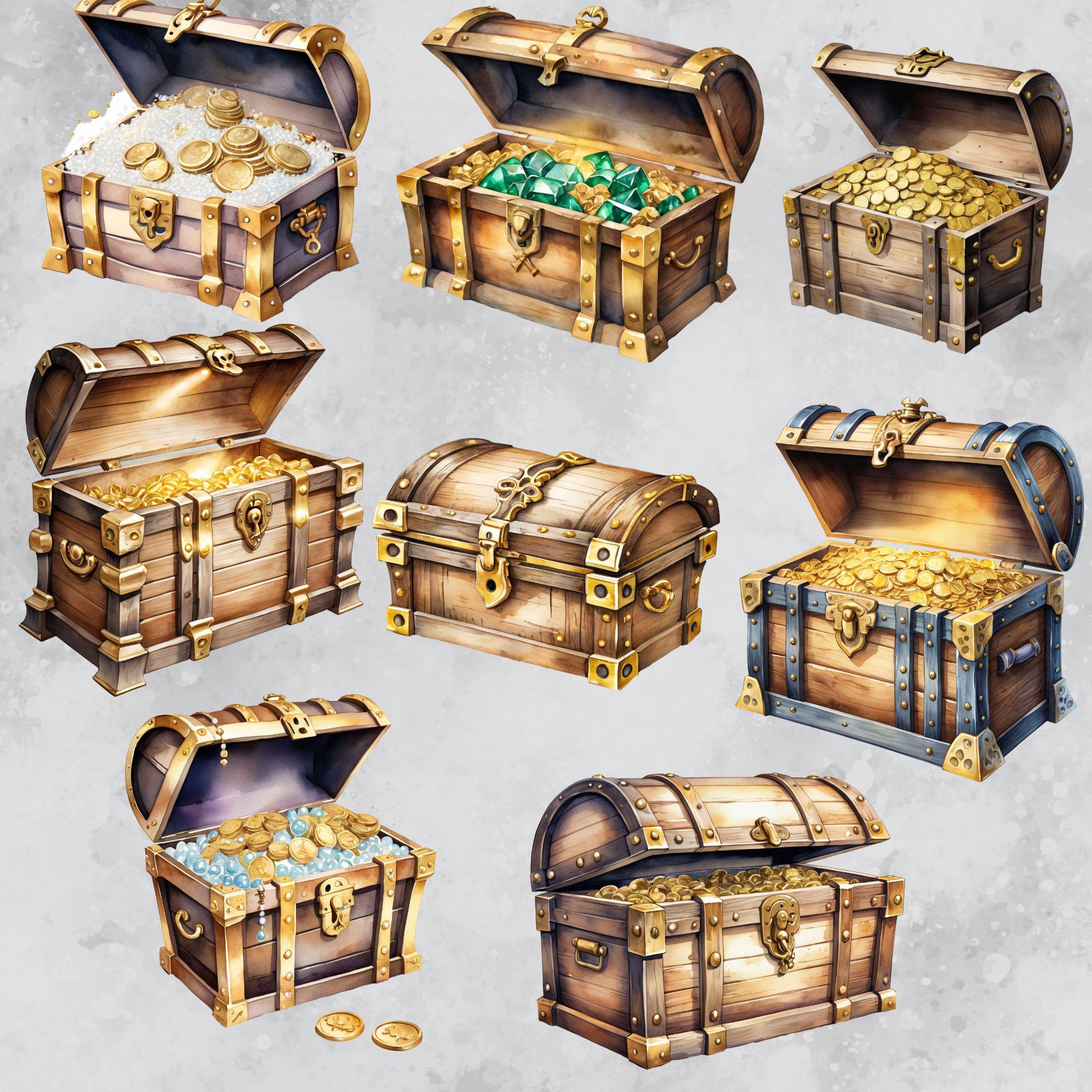 Pirate Treasure Chest Clipart Set | Watercolor Gold & Gems PNG | Pirate ...