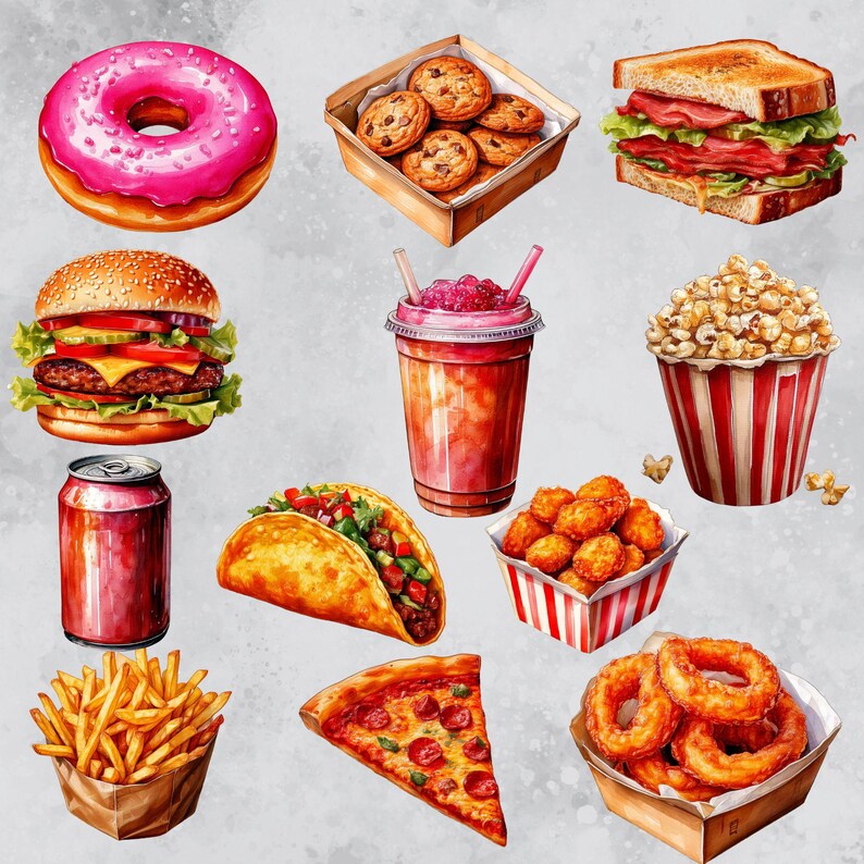 Watercolor Fast Food Clip Art Bundle, Junk Food Graphics, Digital ...