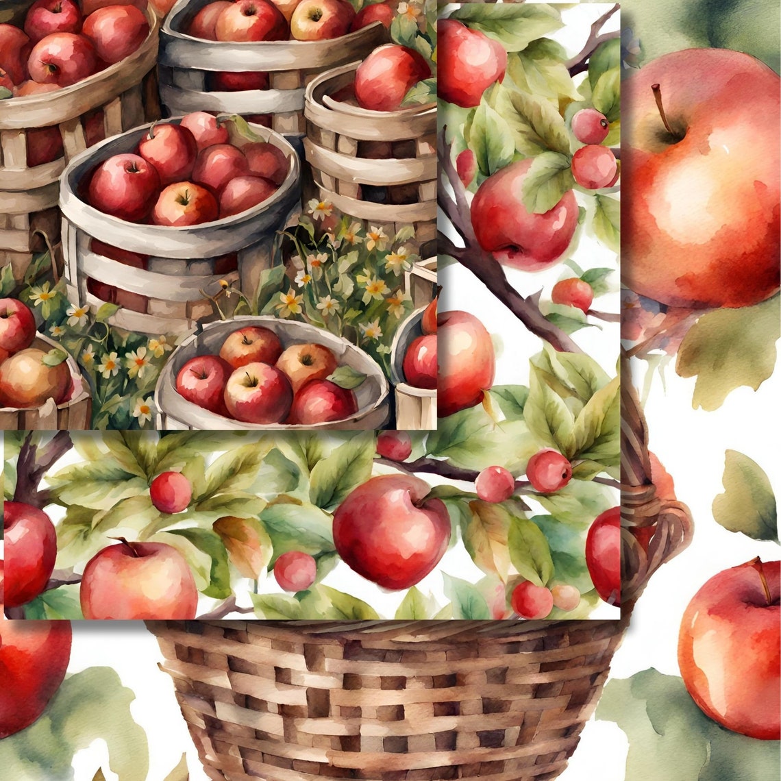 Watercolor Red Apples Pattern Digital Papers, Summer Themed Digital ...