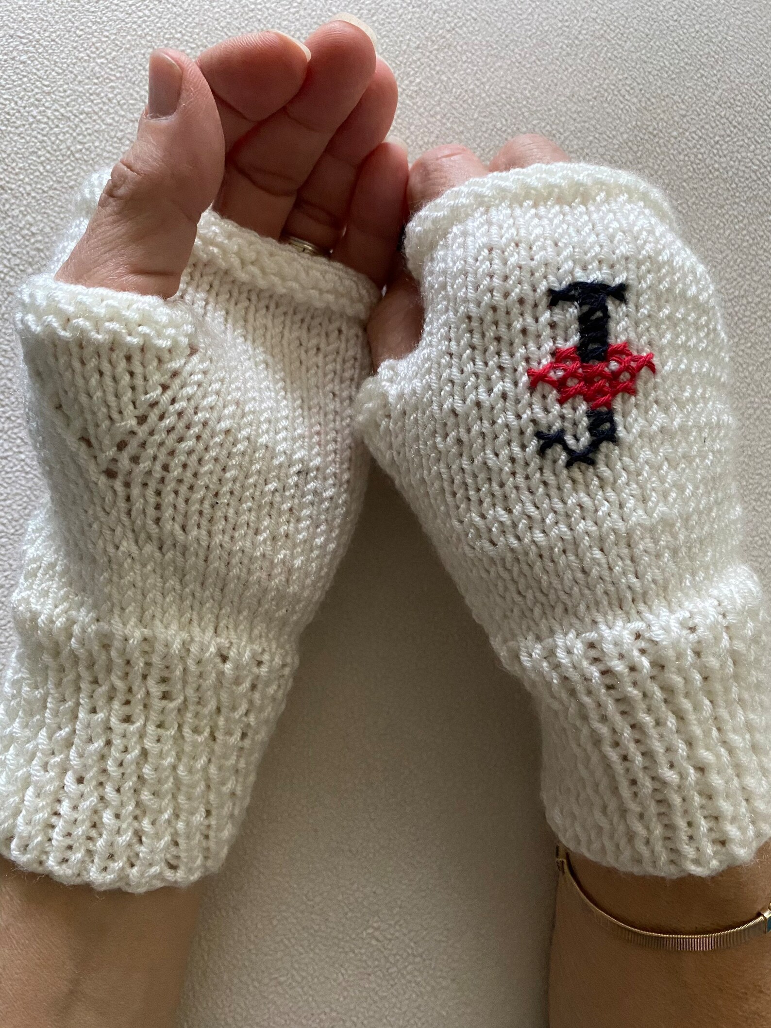 Personalized Knit Ivory Fingerless Gloves With Black Letter and Red ...