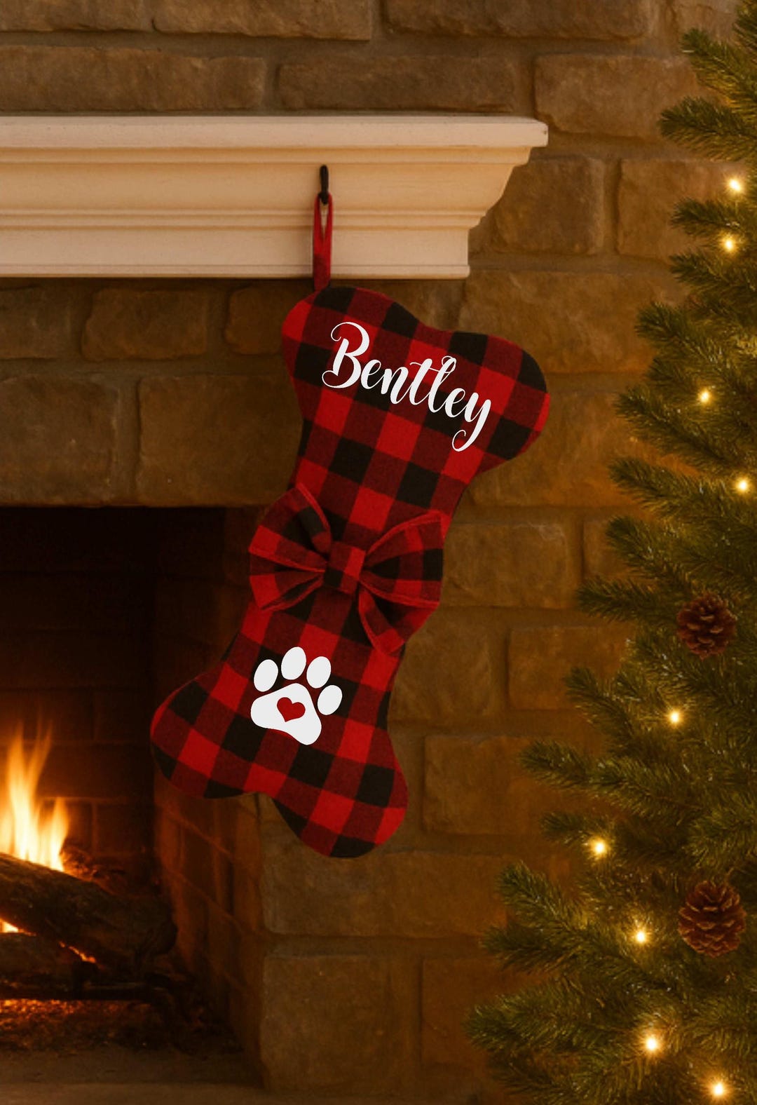 Personalized Dog Bone Stocking: Red Buffalo Plaid, Cotton Christmas ...