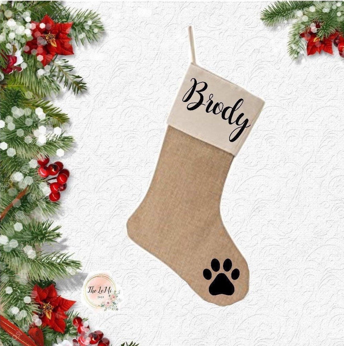Personalized Burlap Dog Christmas Stocking, Paw Print - Etsy