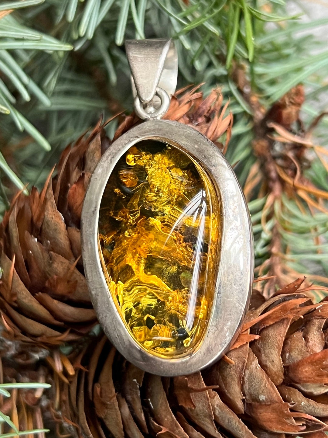 Vintage Freeform Amber and Sterling Silver Large Pendant - Etsy