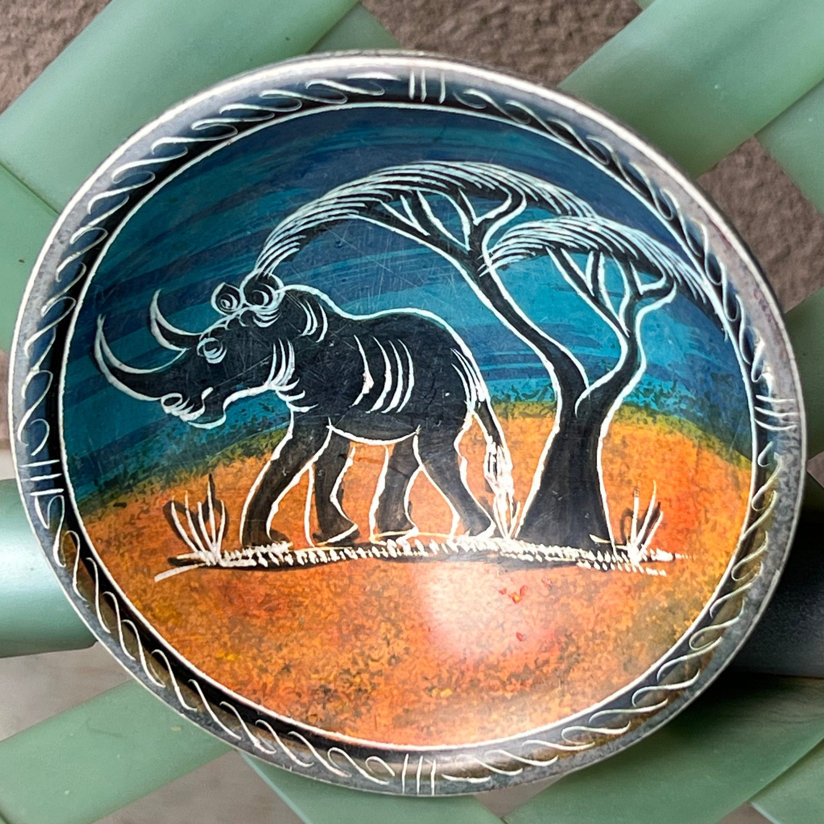 Wonderful Hand Painted African Soapstone Trinket Dish With a Rhinoceros ...