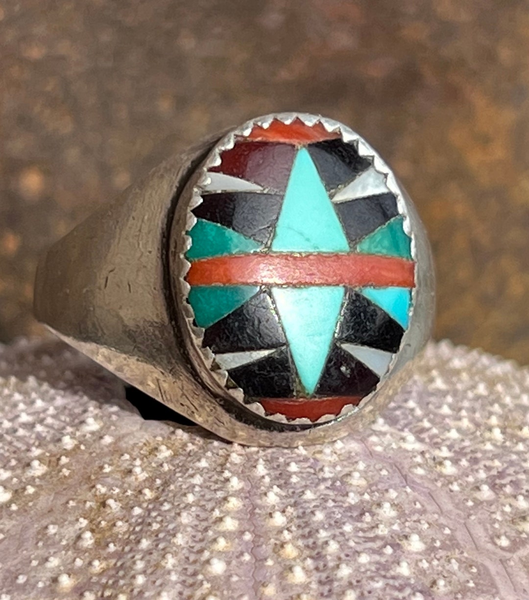 Zuni Inlay Mens or Ladies Inlay Ring Geometric Pattern - Etsy