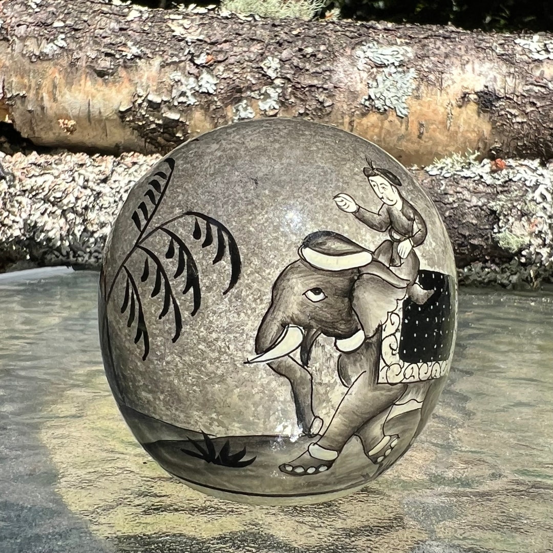 Vintage Hand Painted Mogul Art Elephant and Gardener Sphere Desk Art ...