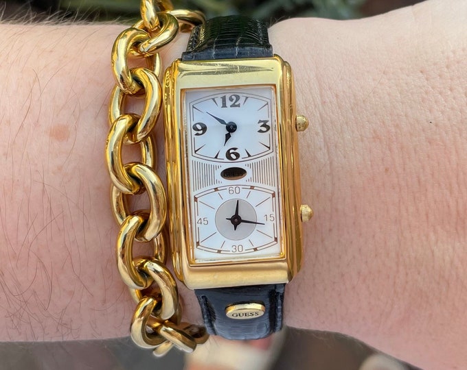 Vintage GUESS Gold Tone Dual Face Quartz Watch With Original Black ...