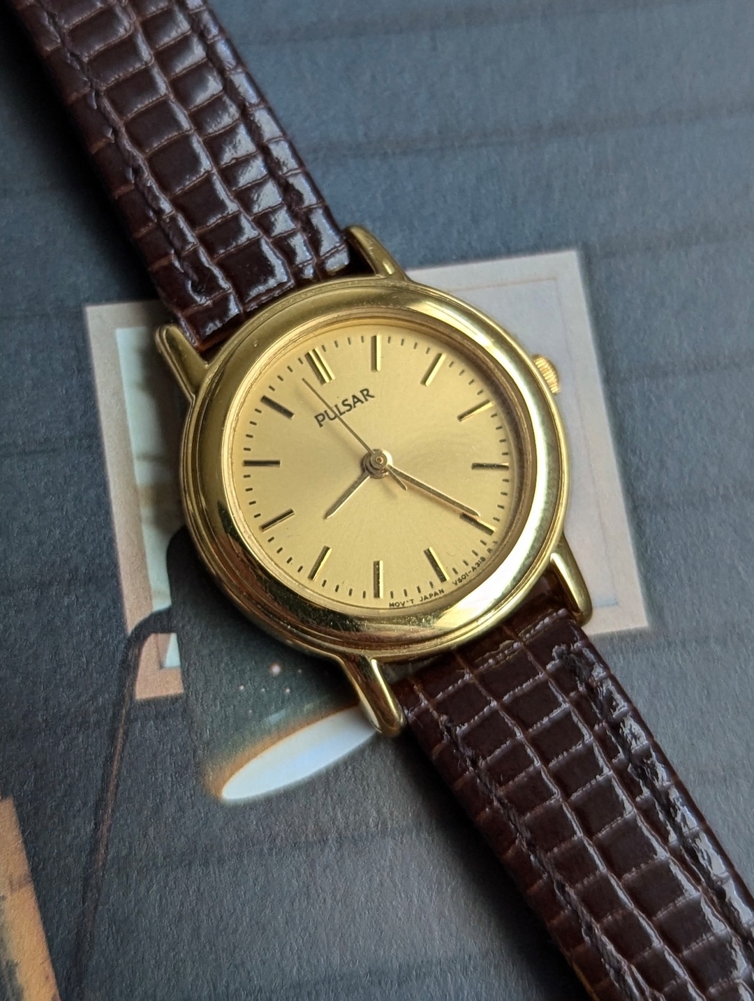 Vintage PULSAR Gold Tone Quartz Watch With Original Brown Lizard ...