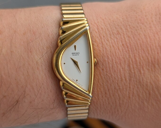 Vintage SEIKO Half Moon Wrist Watch Gold Tone Japan Quartz Movement White Dial With New Battery ...