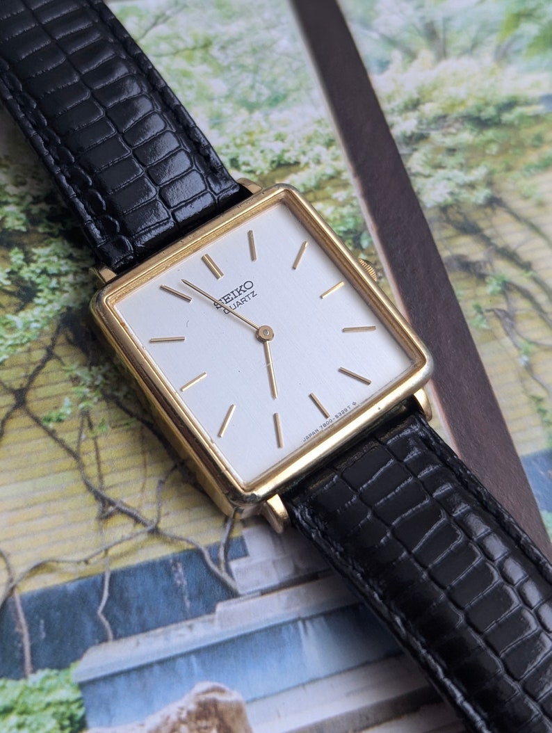 Vintage SEIKO Square Tank Quartz Watch With Black Leather Band and New ...