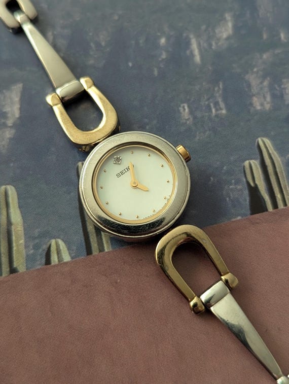 Vintage SEIKO Two Tone Tank Quartz Watch with Round B… - Gem