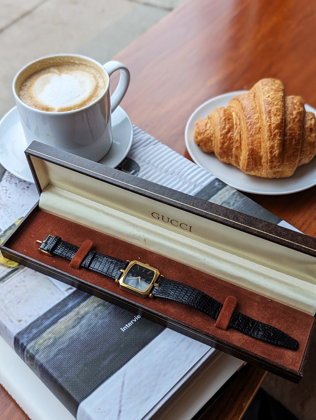 Vintage Gucci Square Gold Face Gold Dial, Black Face, Black Genuine ...