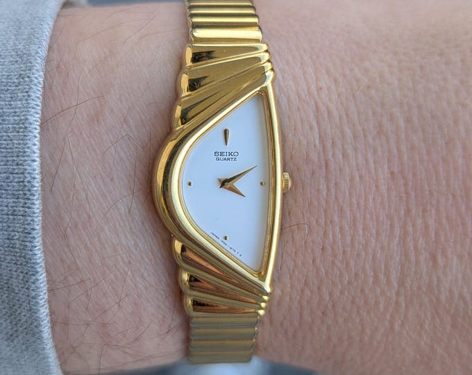 Vintage SEIKO Half Moon Wrist Watch Gold Tone Japan Quartz Movement White Dial With Original Box ...