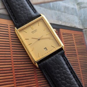 Vintage SEIKO Gold Tone Tank Quartz Watch With New Black Leather Band and New Battery. Best Fits ...