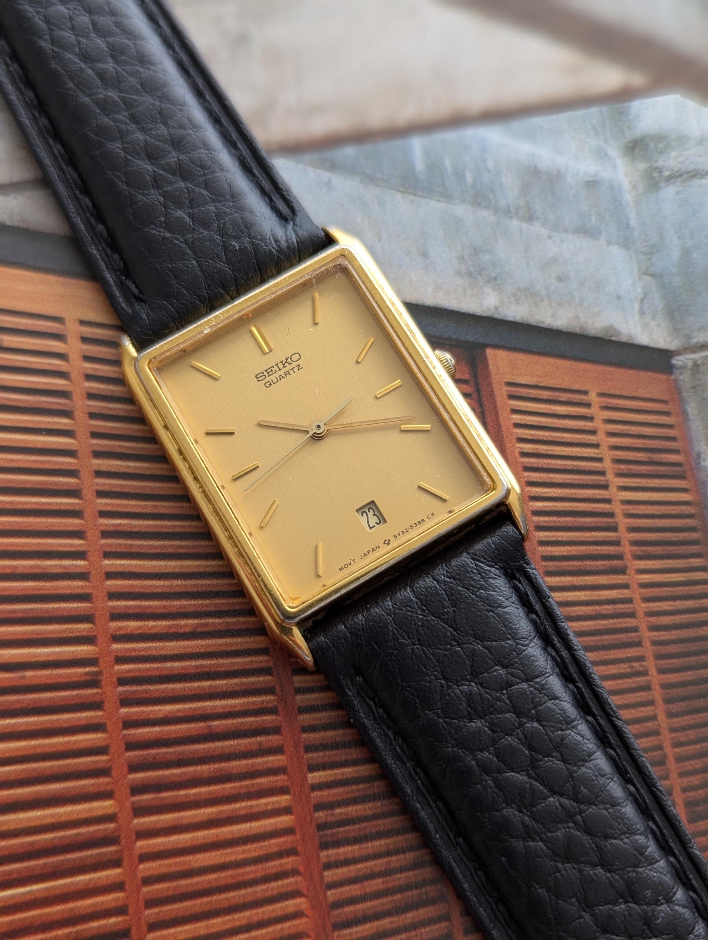 Vintage SEIKO Gold Tone Tank Quartz Watch With New Black Leather Band ...