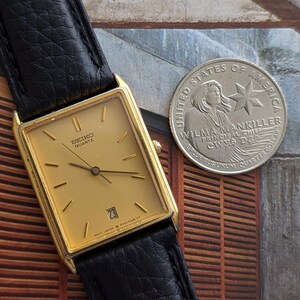 Vintage SEIKO Gold Tone Tank Quartz Watch With New Black Leather Band and New Battery. Best Fits ...