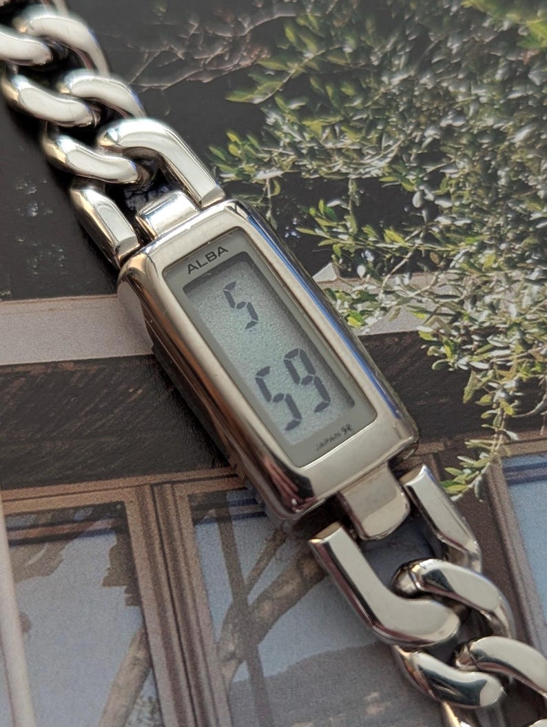 Vintage ALBA by Seiko Silver Tone Digital Quartz Watch With Cuban Link ...