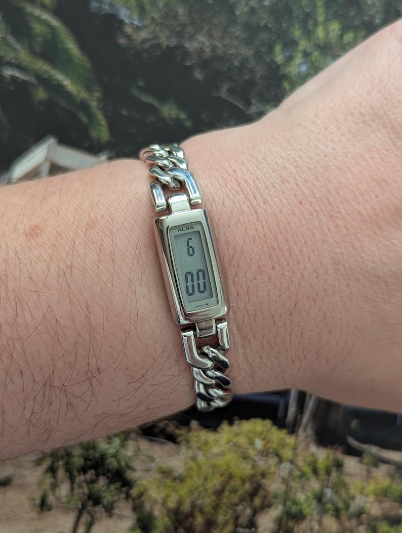 Vintage ALBA by Seiko Silver Tone Digital Quartz Watch With Cuban Link ...