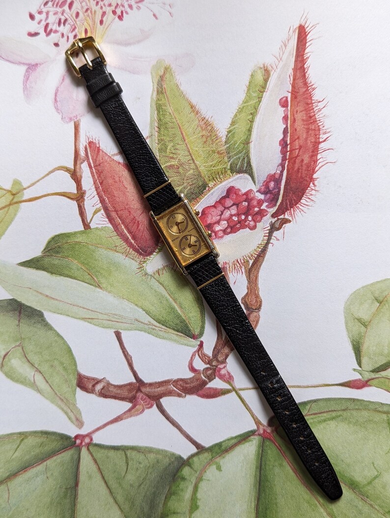 Vintage SEIKO Dual Time Gold Dial Quartz Watch With Original Black and ...
