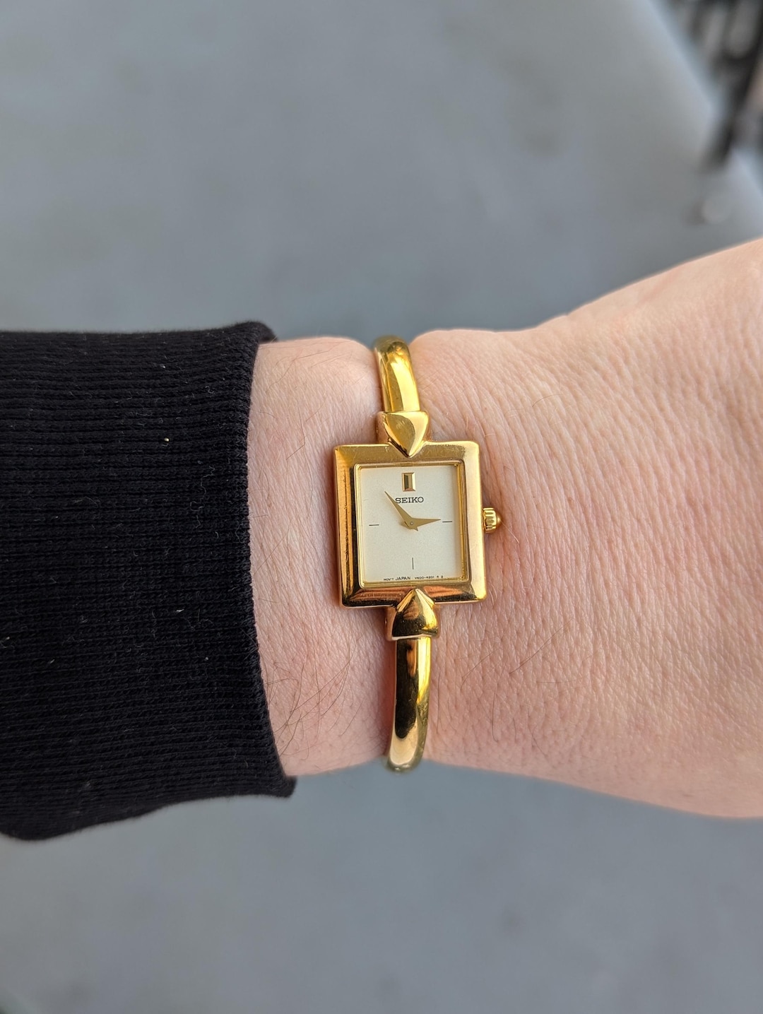 Vintage SEIKO Gold Tone Quartz Bangle Watch With Square Whire Face and ...